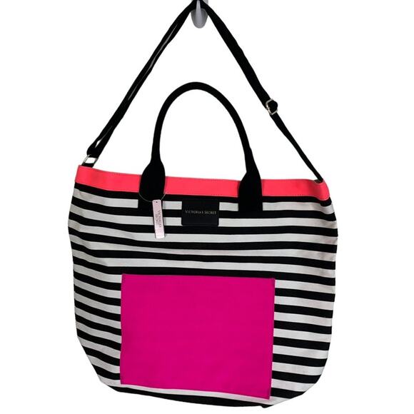 Victoria's Secret | Bags | Nwt Victorias Secret Island Tote Bag Pink Black Striped Waterproof ...